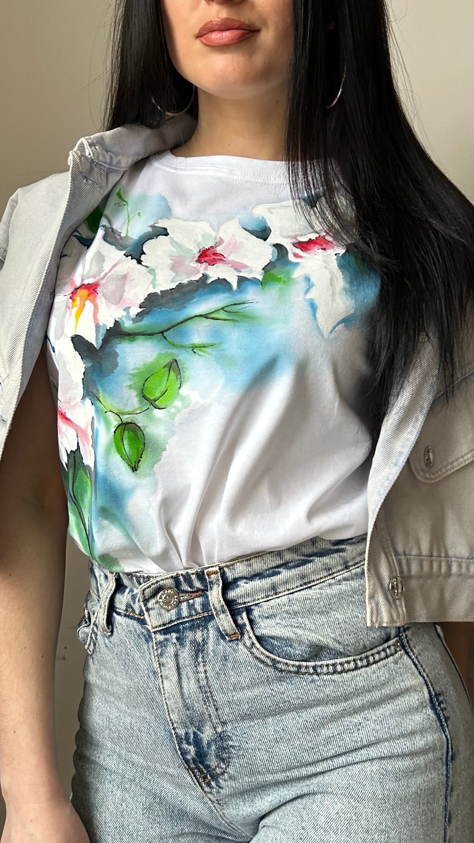 Hand Painted T Shirt, Flowers Painting, Custom Botanical Shirt, White T ...