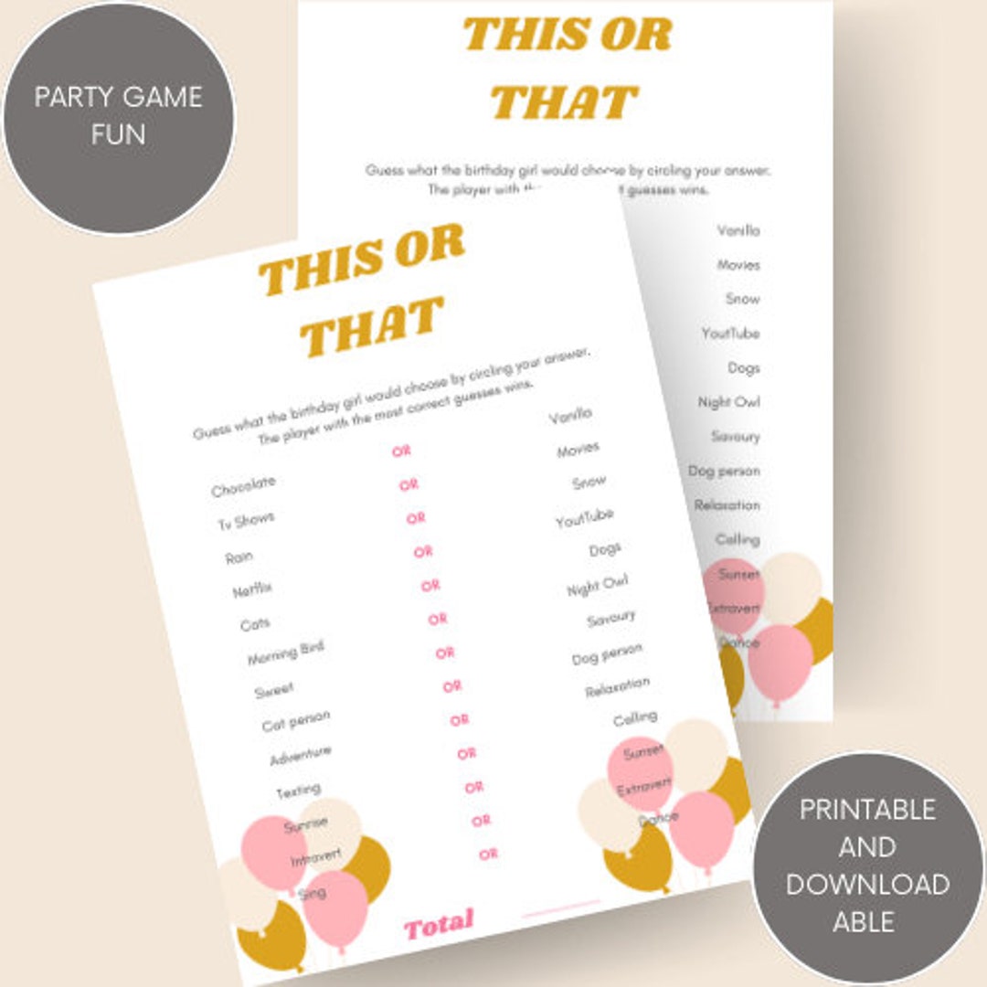 Printable Birthday Game | This or That Birthday/party Game | Instant ...
