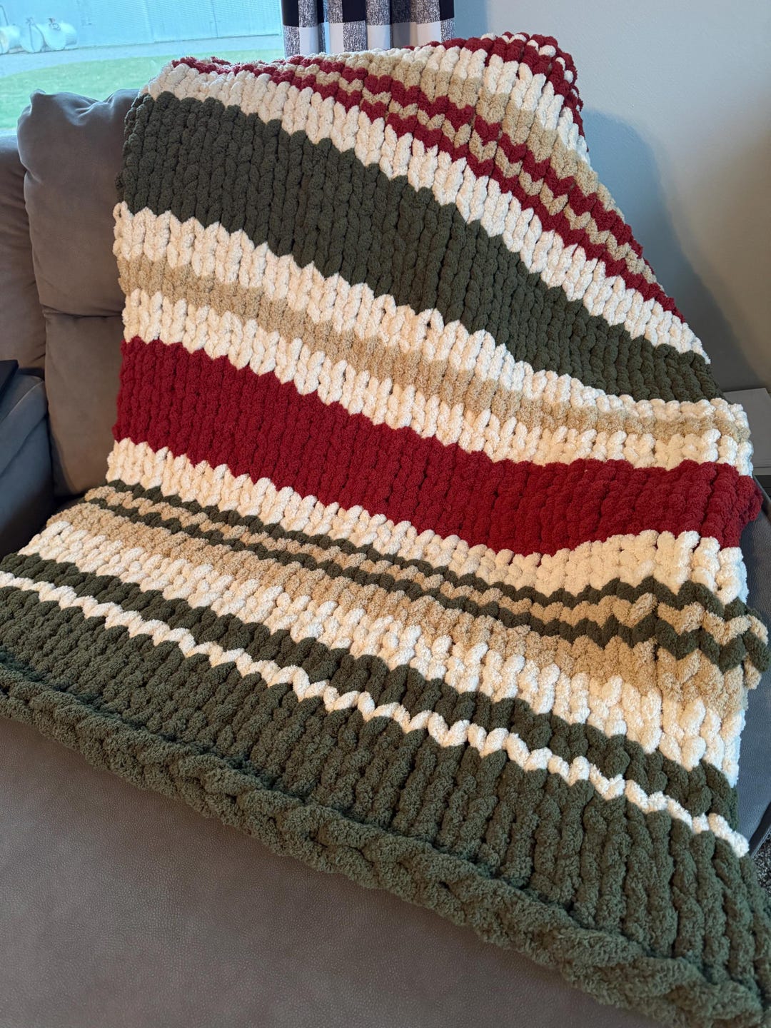 Handmade Christmas Throw Blanket: Chunky Knit, Olive Cranberry Ivory ...