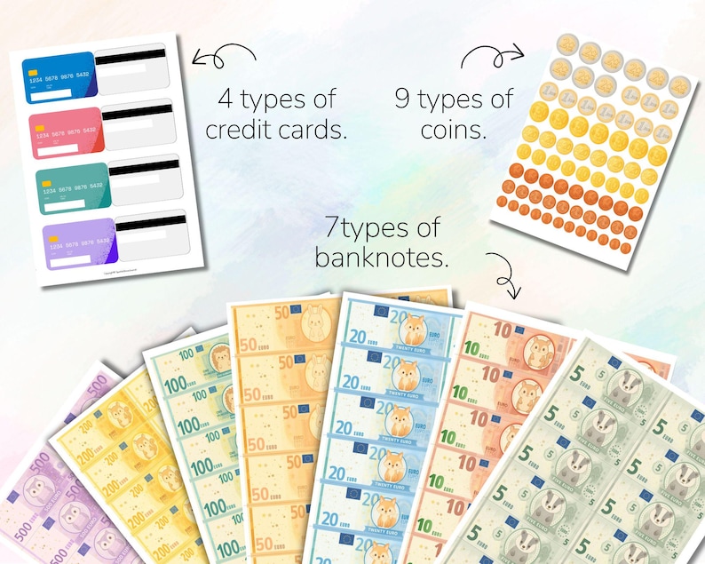 Euro Play Money Printable – Forest Animal Notes, Coins & Cards ...