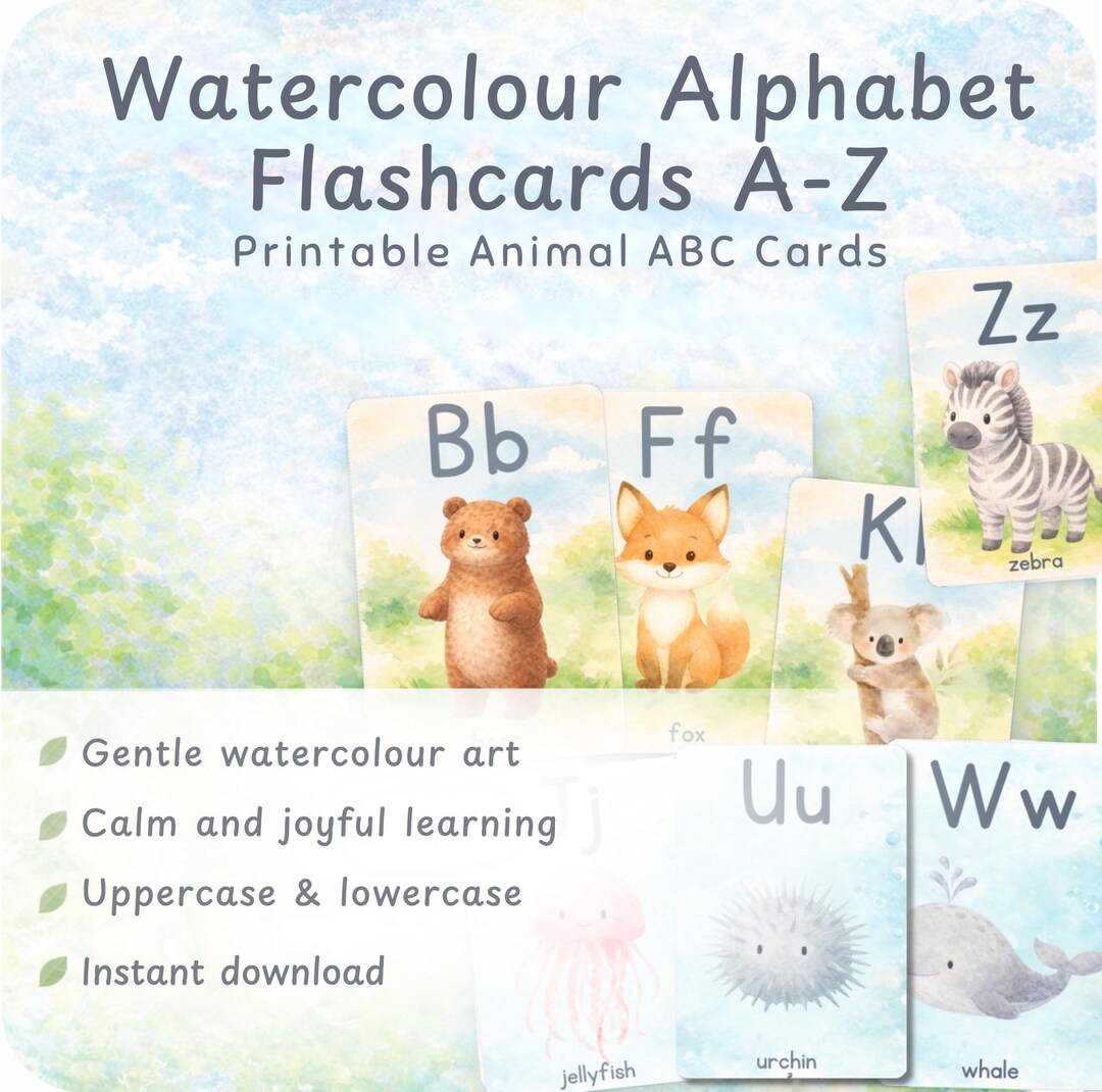 Watercolor Alphabet Flashcards A–Z | Animal ABC Cards for Kids ...