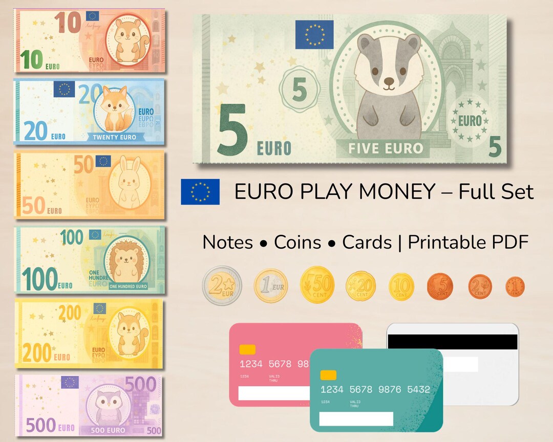 Euro Play Money Printable – Forest Animal Notes, Coins & Cards ...
