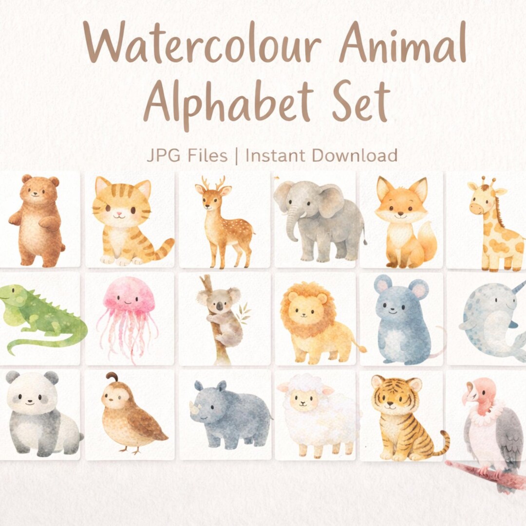 Watercolor Animal Clipart Set for Alphabet Flashcards | A–Z Gentle ...