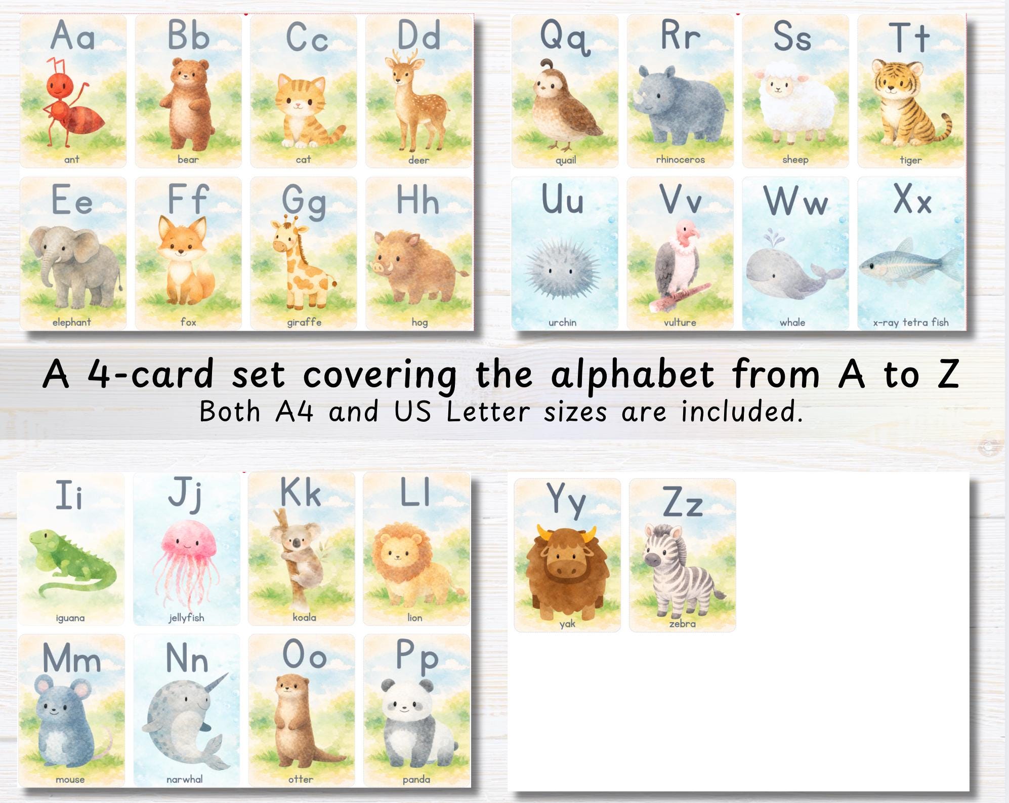 Watercolor Alphabet Flashcards A–Z | Animal ABC Cards for Kids ...