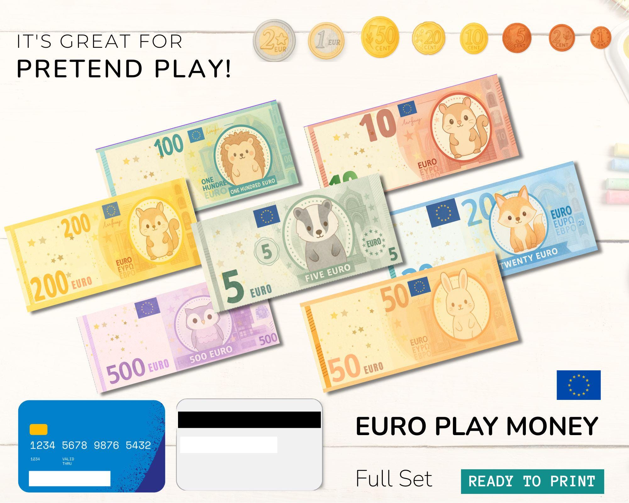 Euro Play Money Printable – Forest Animal Notes, Coins & Cards ...