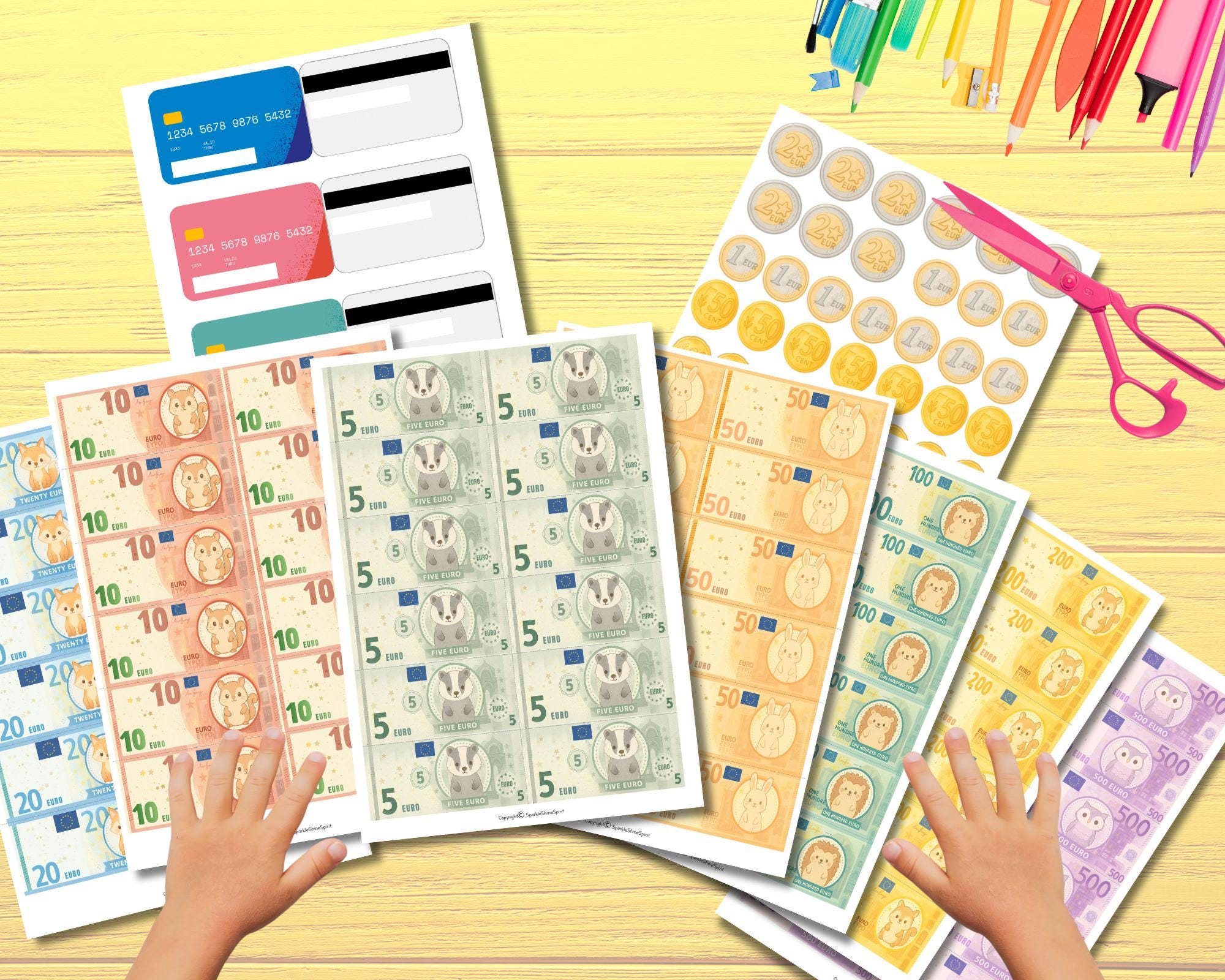 Euro Play Money Printable – Forest Animal Notes, Coins & Cards ...