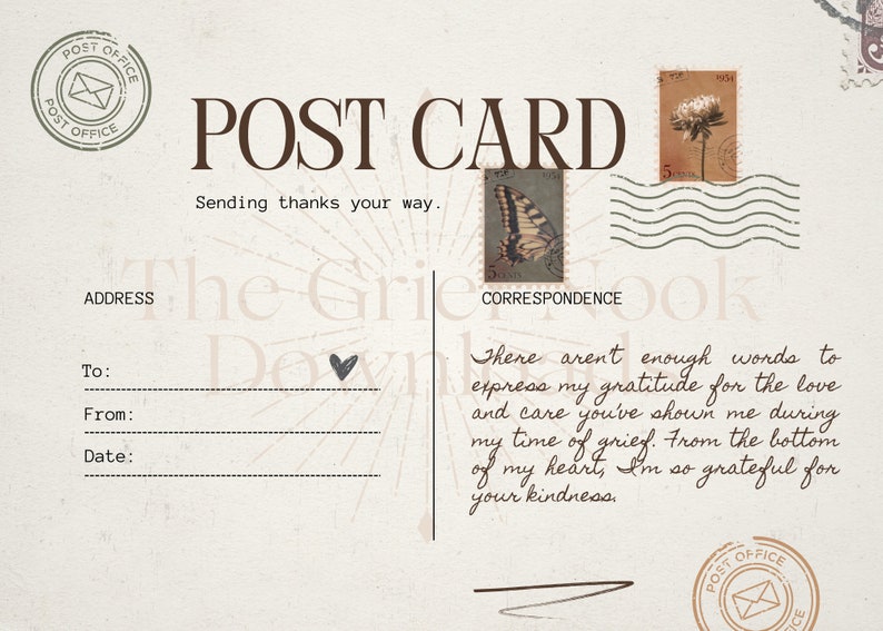 Grief Thank You Post Card | Instant Digital Download | Bereavement ...