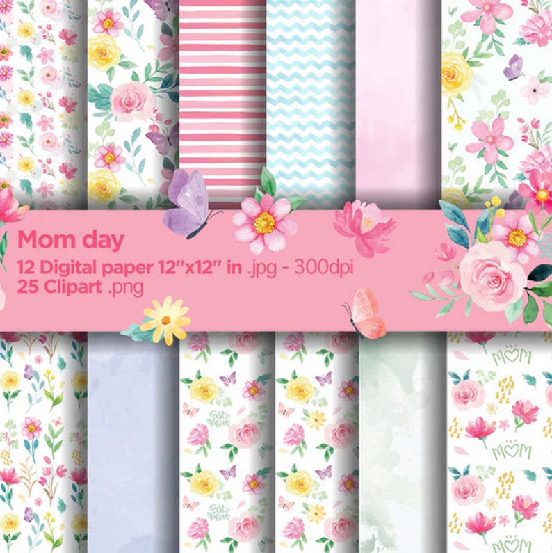 MOM Floral Watercolor Digital Paper Mother's Day Cliparts Digital ...