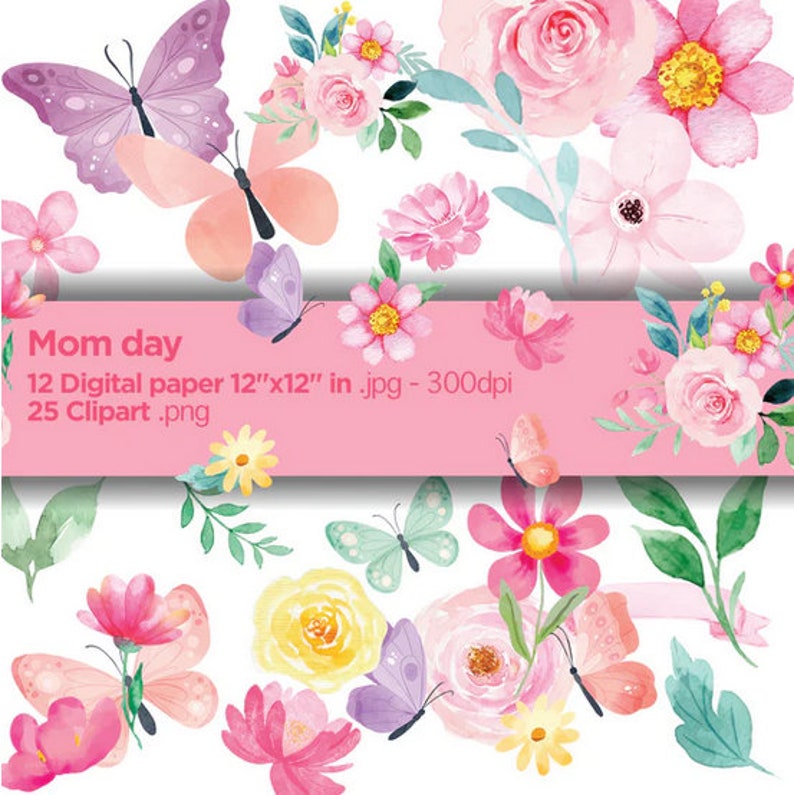 MOM Floral Watercolor Digital Paper Mother's Day Cliparts Digital ...
