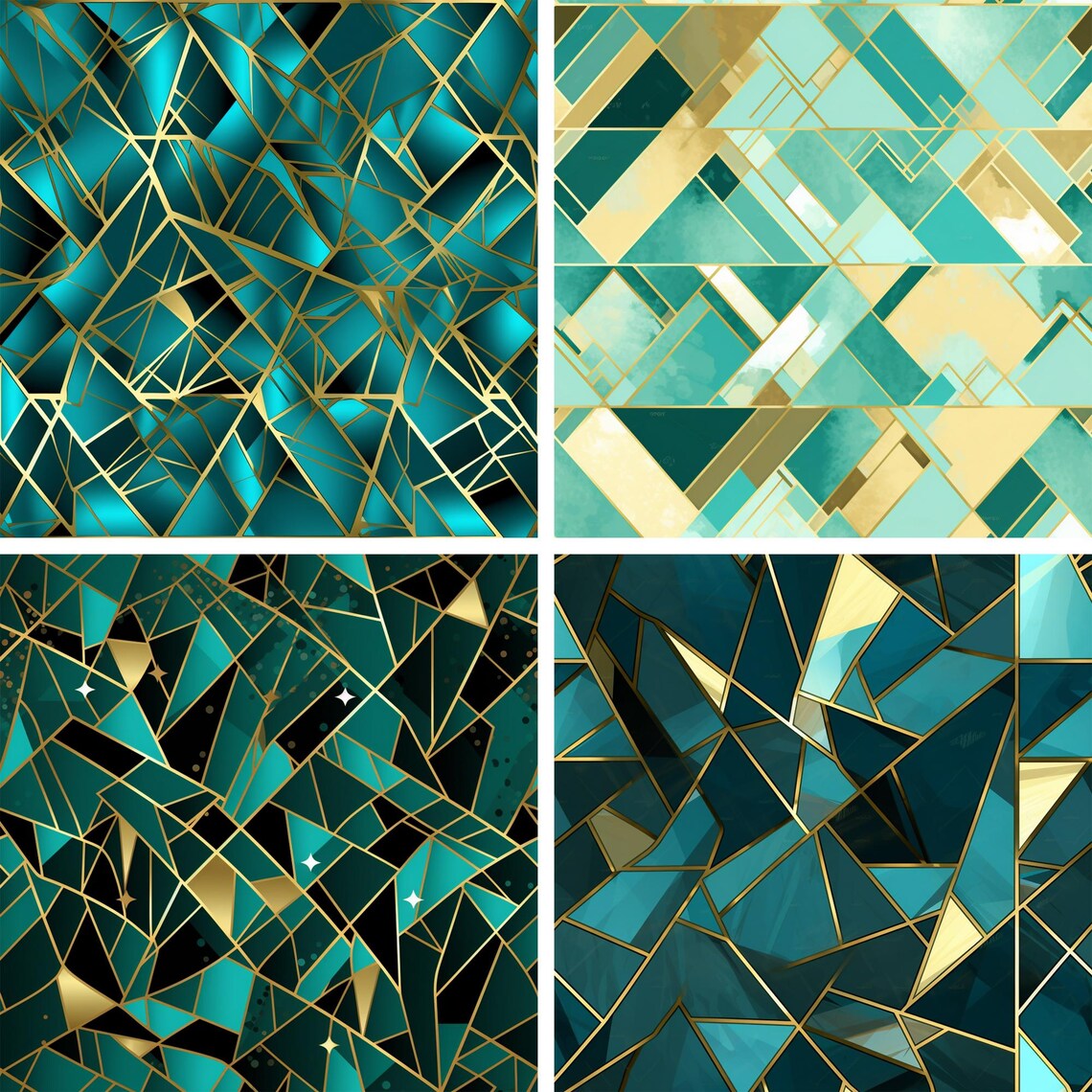 Geometric Digital Paper, Set of 12 Pngs, Turquoise and Gold , Abstract ...