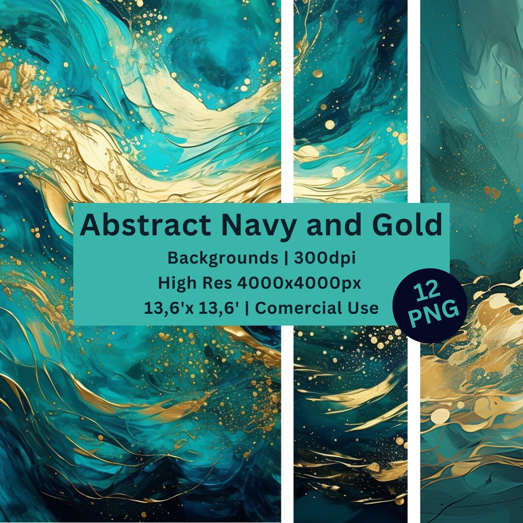 Abstract Ocean Digital Paper, Set of 12 Pngs, Turquoise, Blue, Gold ...