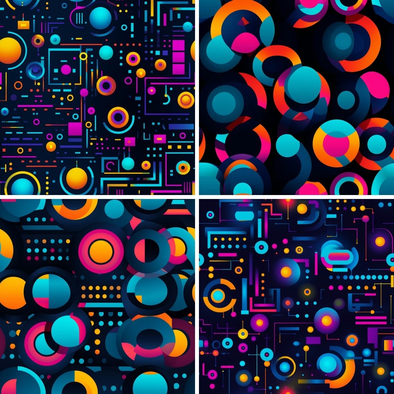 Neon Geometric Digital Paper, Abstract Seamless Patterns, Coloful, Junk ...