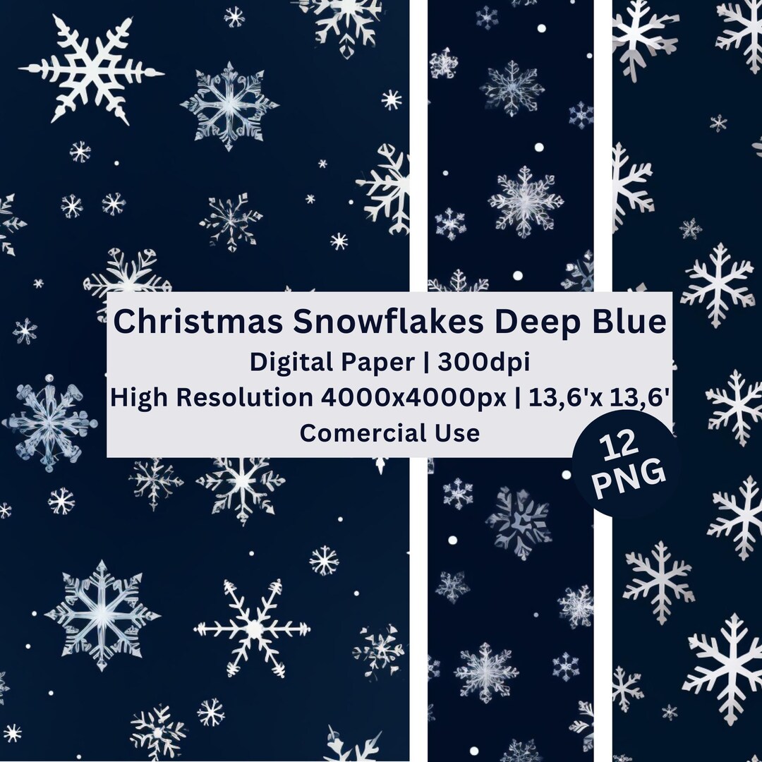 Set of 12 Christmas Digital Paper, Deep Blue Pattern, Snowflakes, White ...