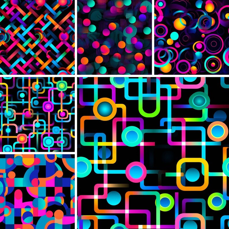 Neon Geometric Digital Paper, Abstract Seamless Patterns, Coloful, Junk ...