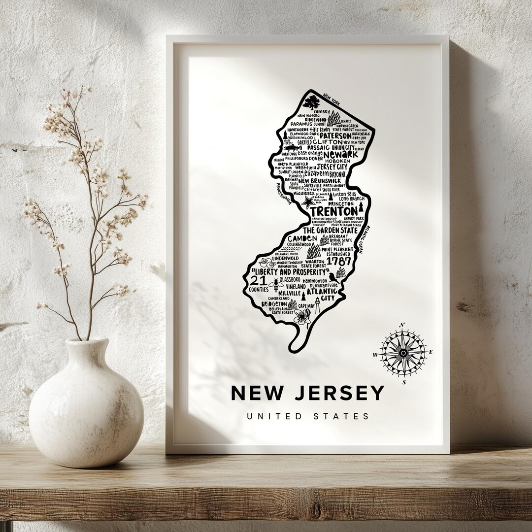 New Jersey Map Print, New Jersey Map Poster, New Jersey Wall, New ...