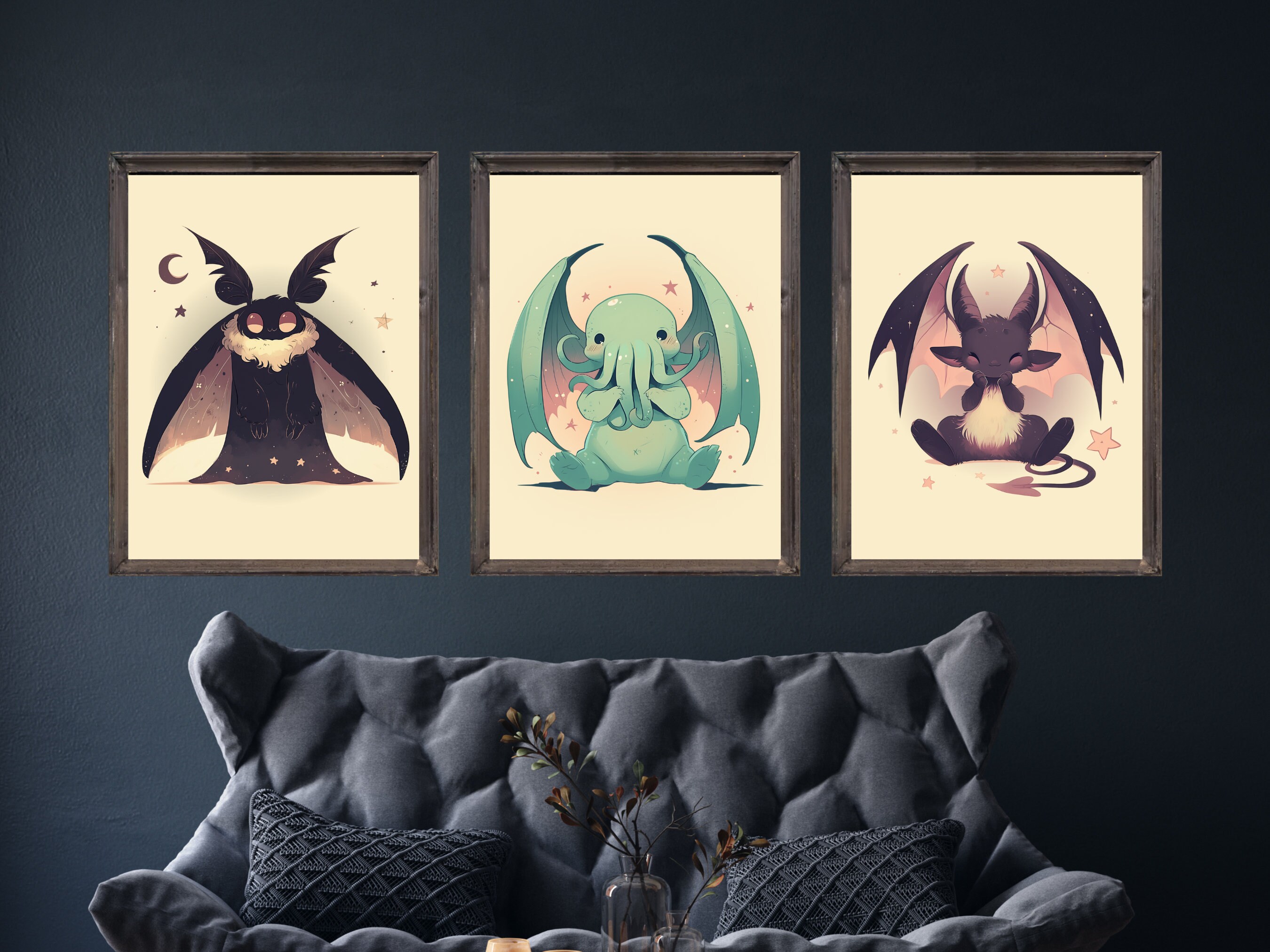 Cryptid Art Print Set of 3, Mothman Art Poster, Wendigo, Cthulhu, Cryptid Nursery Art ...