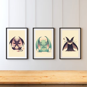 Cryptid Art Print Set of 3, Mothman Art Poster, Wendigo, Cthulhu, Cryptid Nursery Art ...