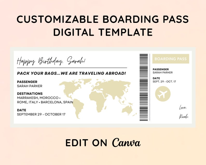 Customizable Boarding Pass Digital Template Editable Design - Etsy