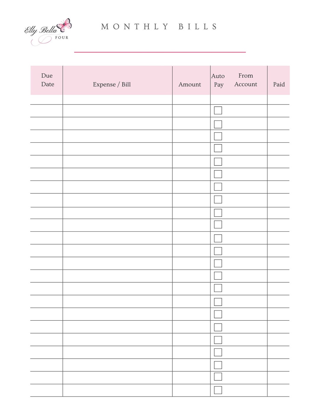 Monthly Bills Light Pink, Simple, Printable Bill Tracker - Etsy