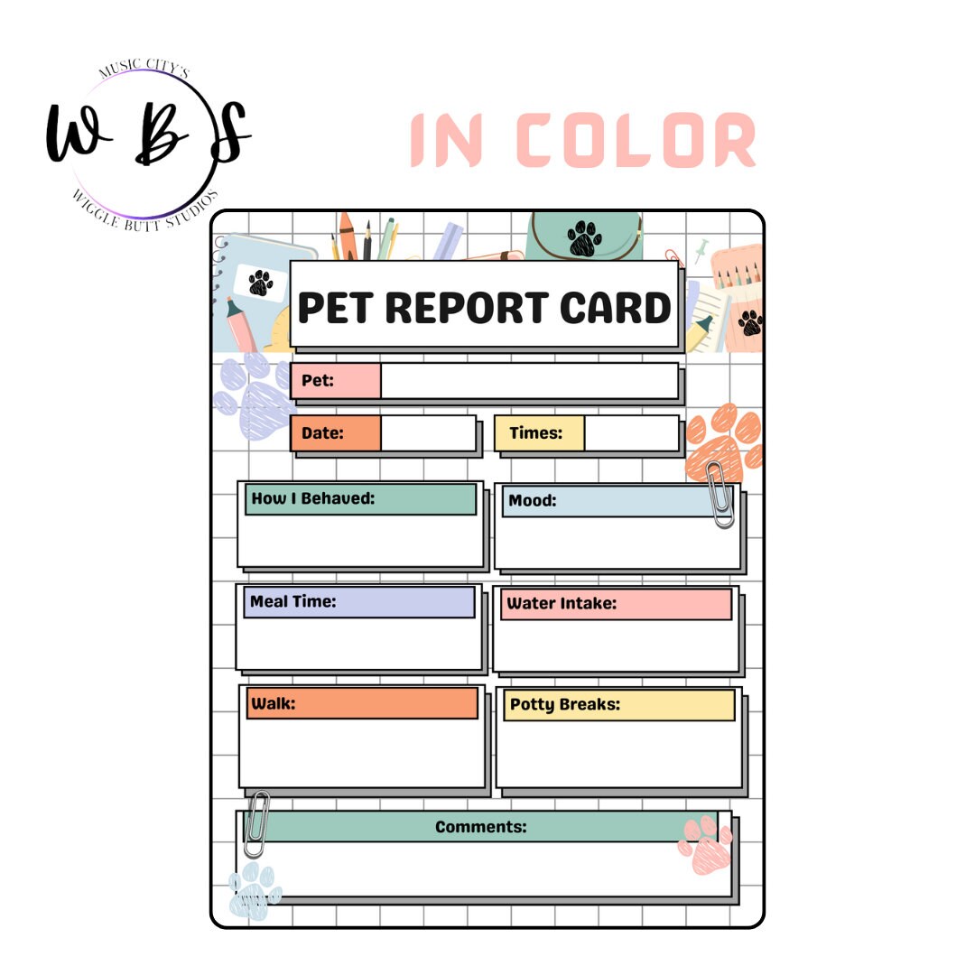 Printable Pet Report Card, Dog Report Card, Pet Sitter, Puppy Report ...