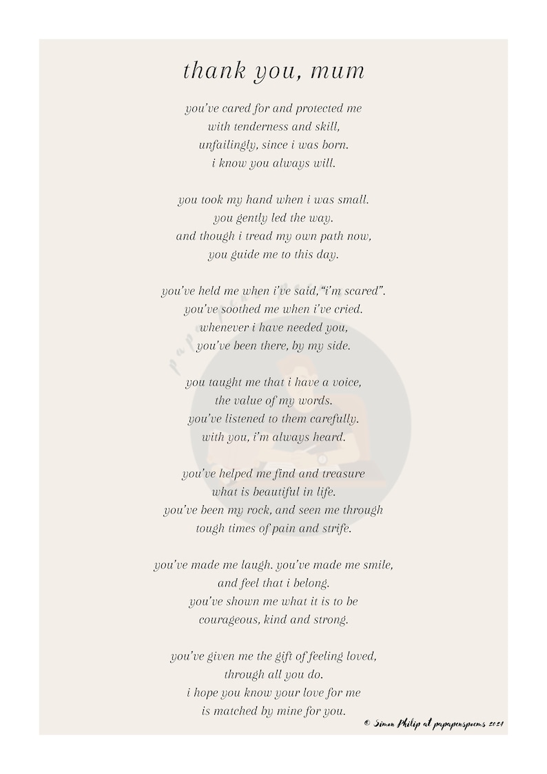 Thank You, Mum/mom Original Poem Print A4 & A3 (INSTANT Digital ...