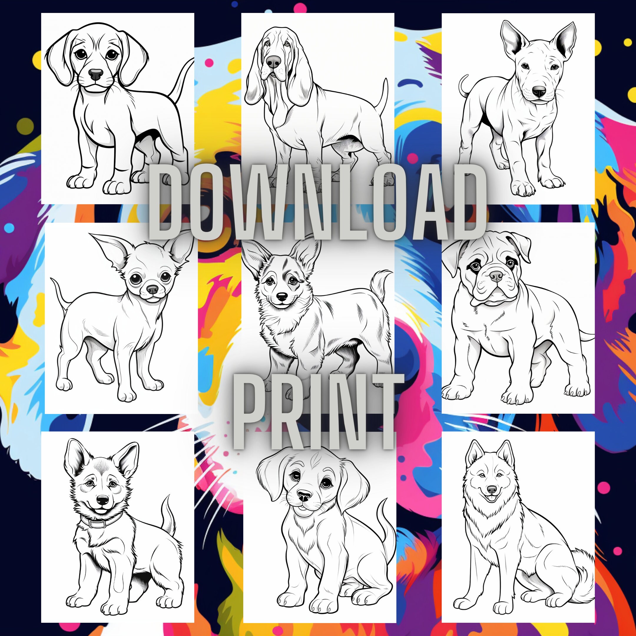 Cute Dog Coloring Pages for Kid's, Digital Download Coloring Page, Cute ...