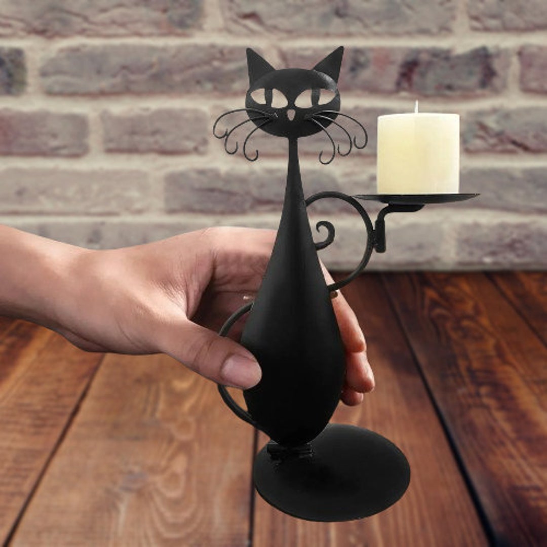 Black Cat Candle Holder for Desk, Novelty Cat Decor Candle Holder ...