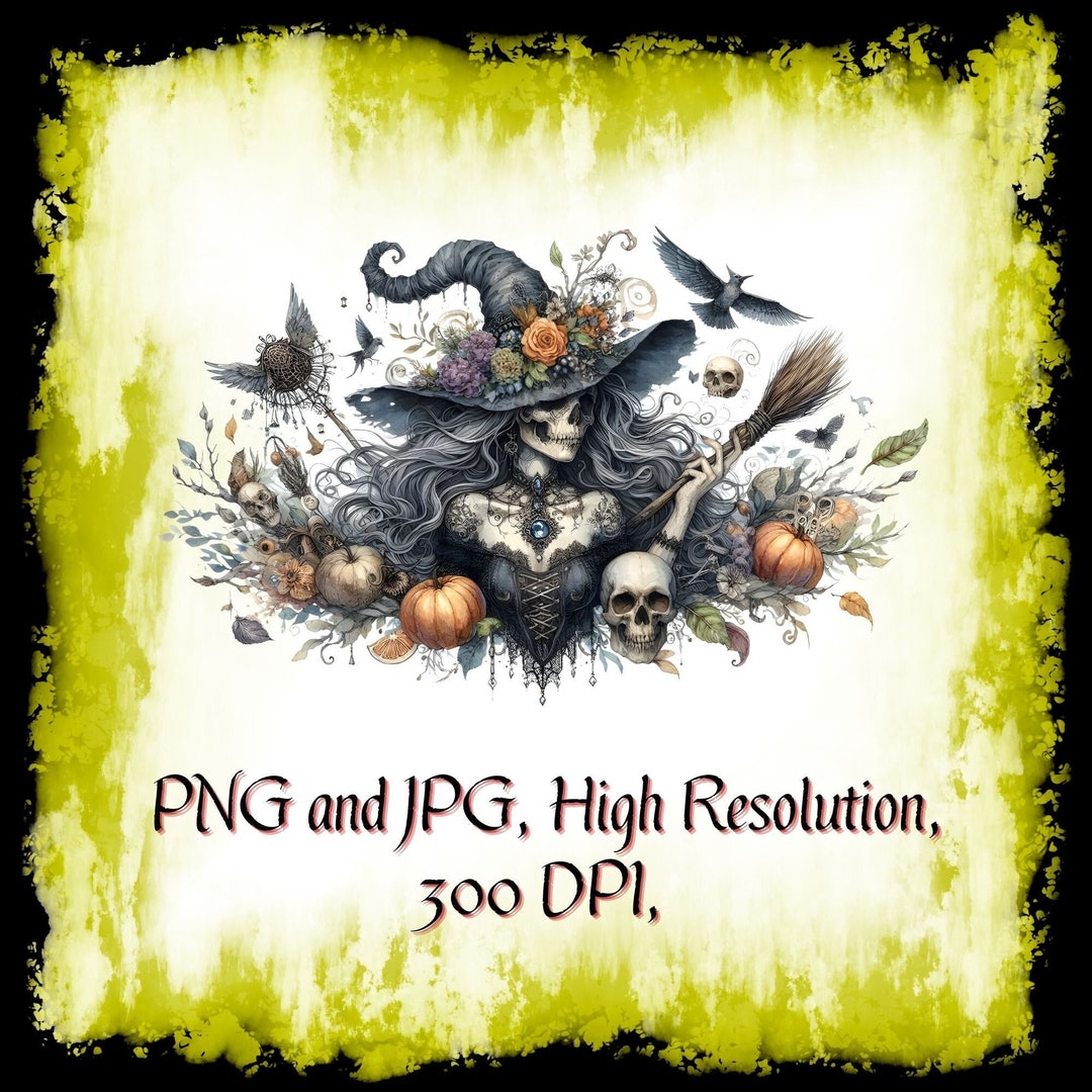 Watercolor Gothic Style Skeletal Witch Fall Decor PNG File, Clipart ...