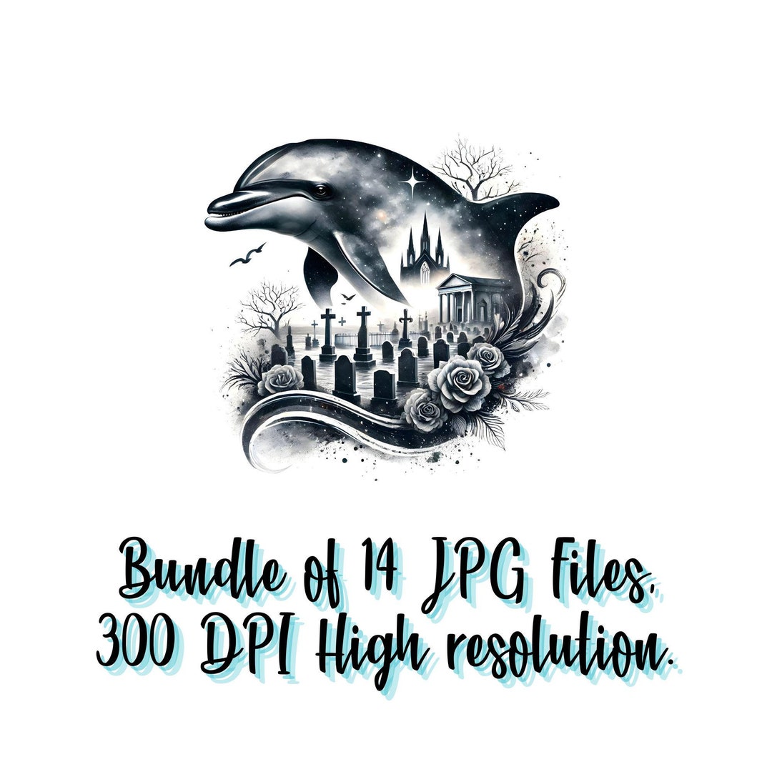 14 Watercolor Gothic Dolphin Fantasy Clipart JPG, Spirit Animal Tattoo Design, Nature Wildlife ...