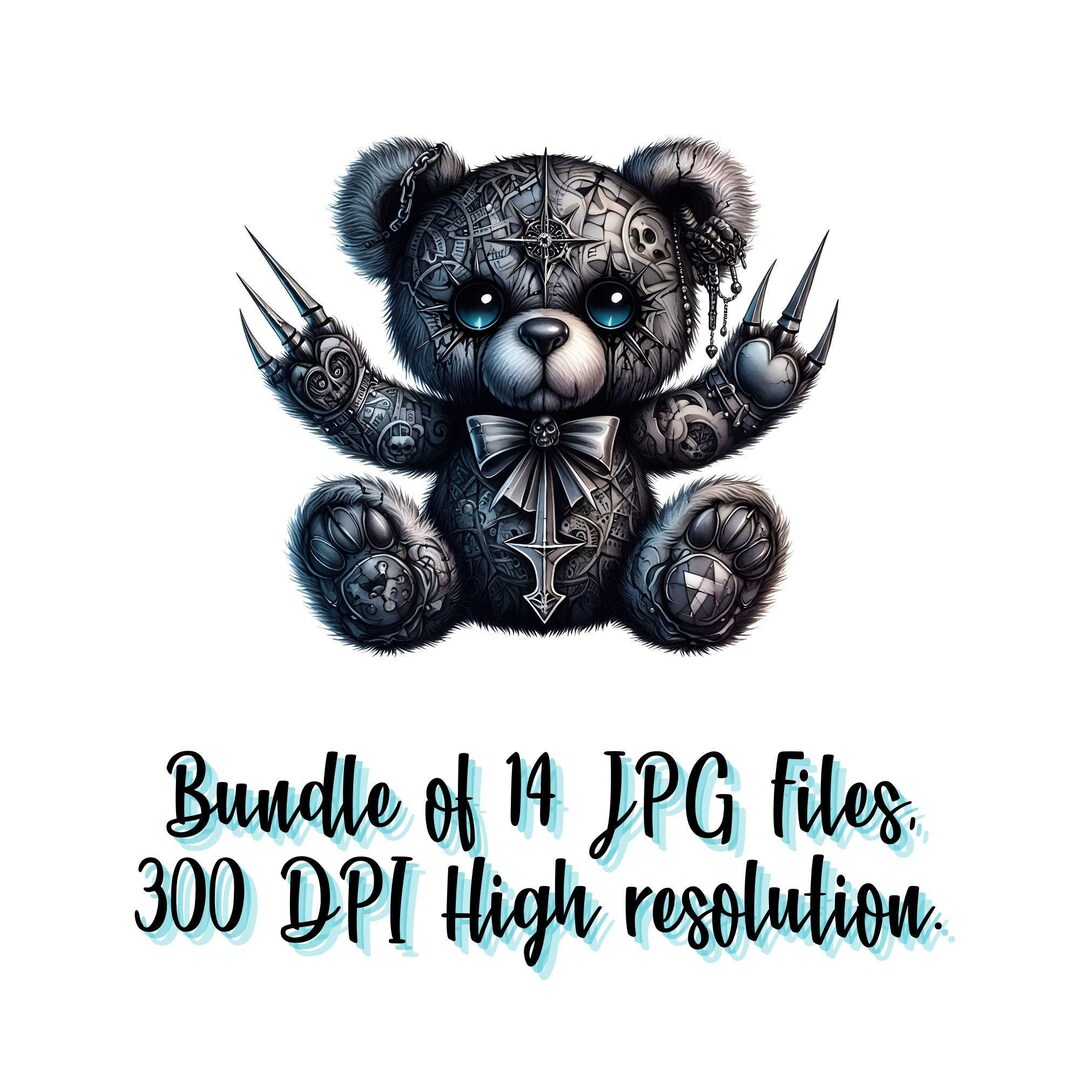 14 Watercolor Gothic Teddy Bear Fantasy Clipart Jpgs, Freaky Toy Tattoo ...