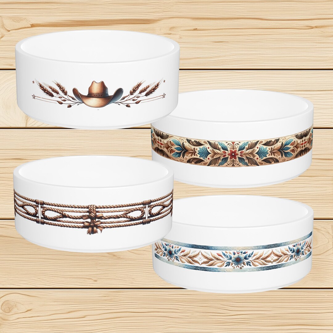 Western Cowboy Dog Food Bowl Cat Dish, 4 Designs, Southwest Theme, Chow ...
