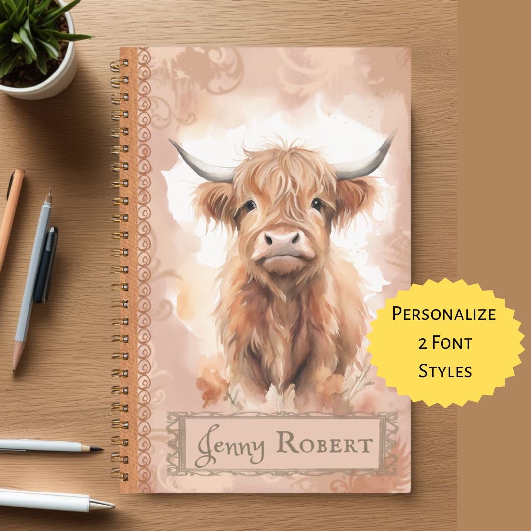 Personalized Journal Hardcover Notebook Highland Cow Watercolor Custom ...