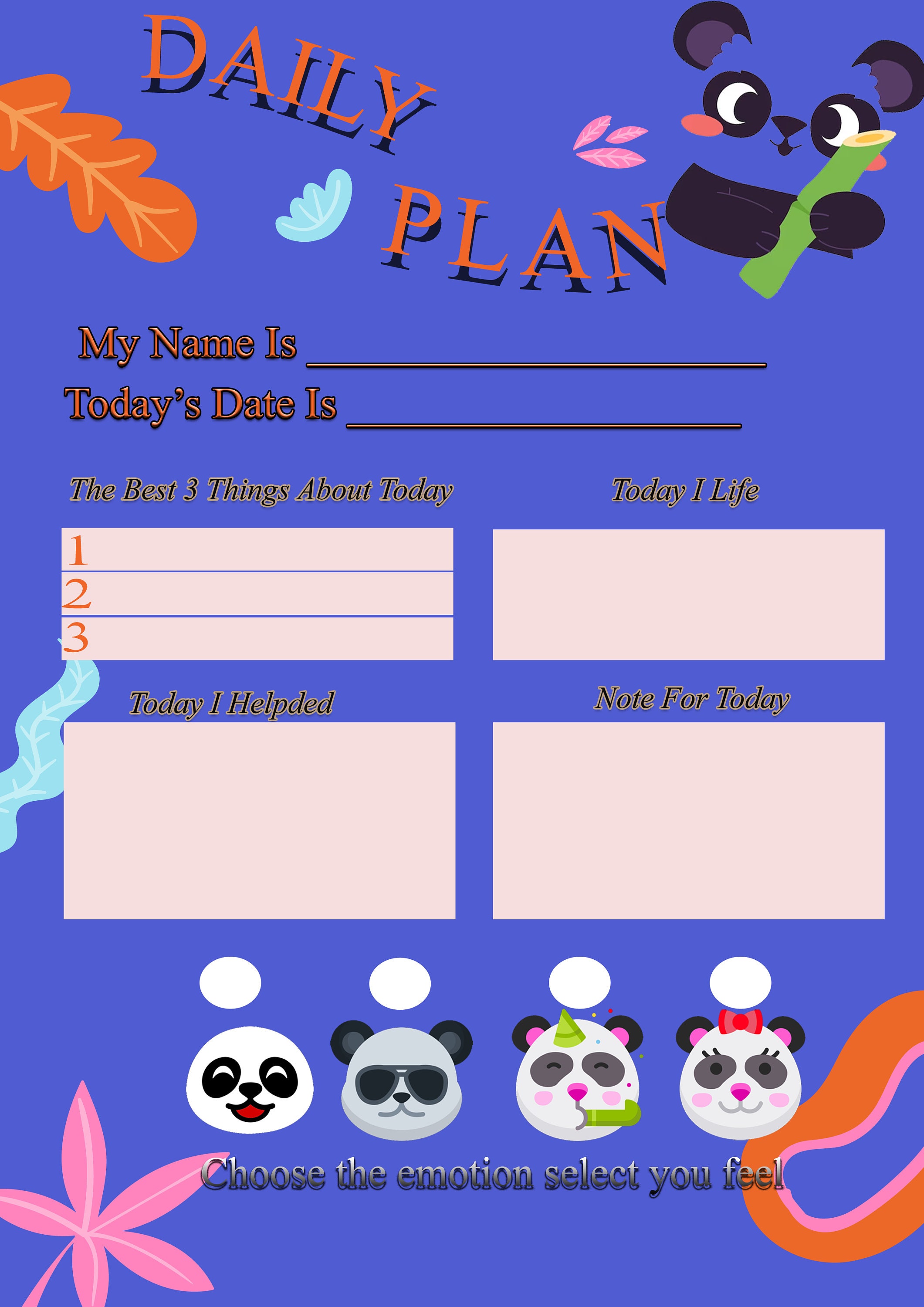 Daily Planner Printable Kids Journal Emotion Select Note for Today Kids ...