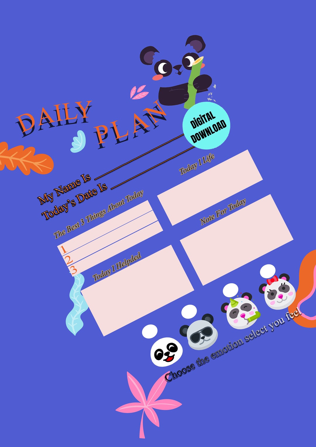 Daily Planner Printable Kids Journal Emotion Select Note for Today Kids ...
