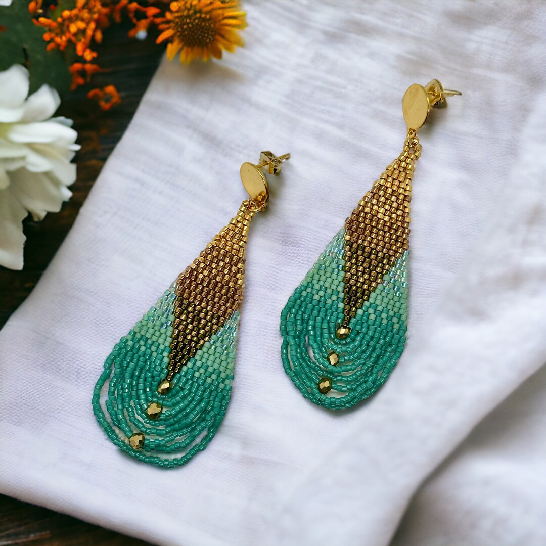 Green & Gold Ombre Boho Seed Bead Drop Earrings (miyuki Delica) - Etsy