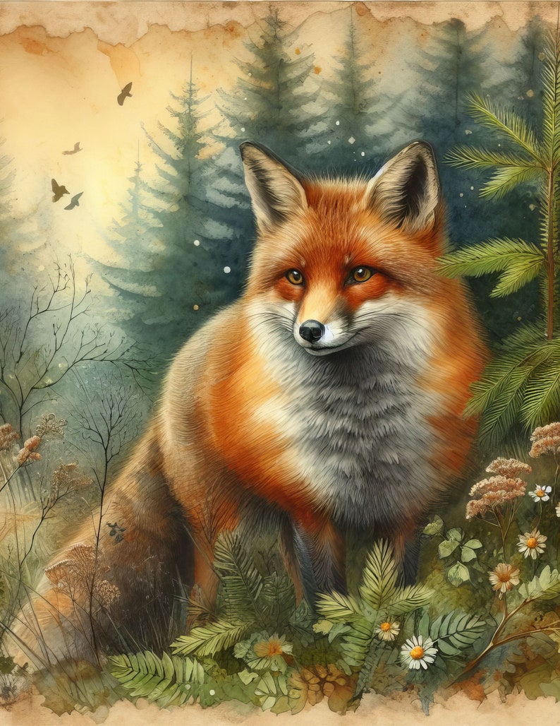 Fox in Woods 10 High Res Watercolor Jpgs for Junk Journaling, Scrapbook ...