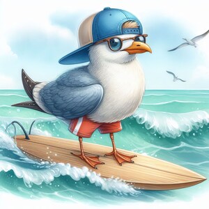 Quirky Seagull Surfing Clip Art 10 High Res Watercolor Jpgs Junk Journaling, Scrapbooking, Card ...