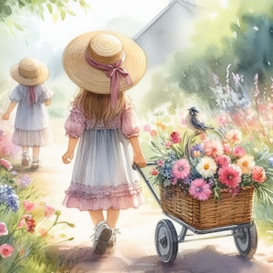 Girl With Flower Cart Clip Art Bundle 10 High Res Watercolor Jpgs Junk ...