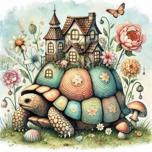 Whimsical Turtle House: 10 High Res Watercolor Jpgs, Junk Journaling ...