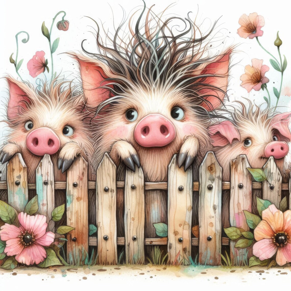 Quirky Pigs on a Fence: Clip Art, 10 High Res Watercolor, Jpgs, Junk ...