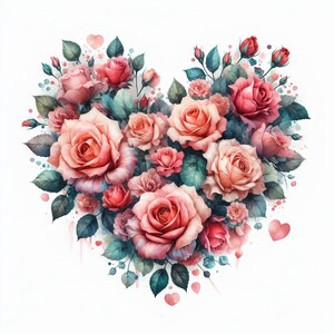 Floral Rose Heart Clip Art Bundle 10 High Res Watercolor Jpgs for Junk ...