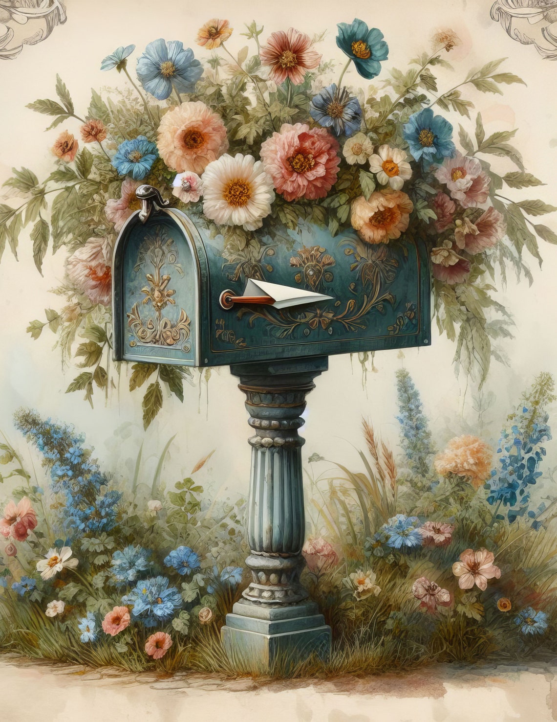 Vintage Mailbox With Flowers Clip Art Bundle 10 High Res Watercolor ...