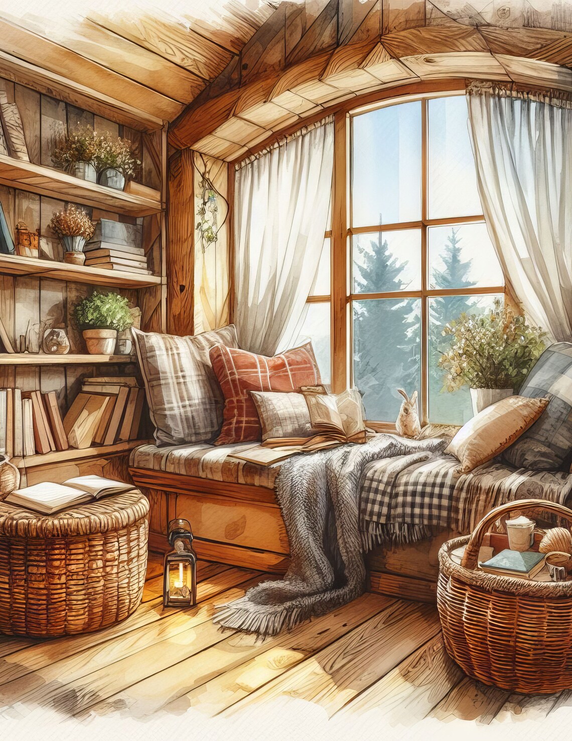 Bay Window Reading Nook: Clipart Bundle 10 High Res Watercolor Jpgs for Junk Journaling ...