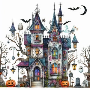 Whimsical Haunted House: Clip Art Bundle 10 High Res Watercolor Jpgs ...