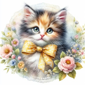 Kitten With Yellow Bow Clip Art Bundle 10 High Res Watercolor Jpgs for ...
