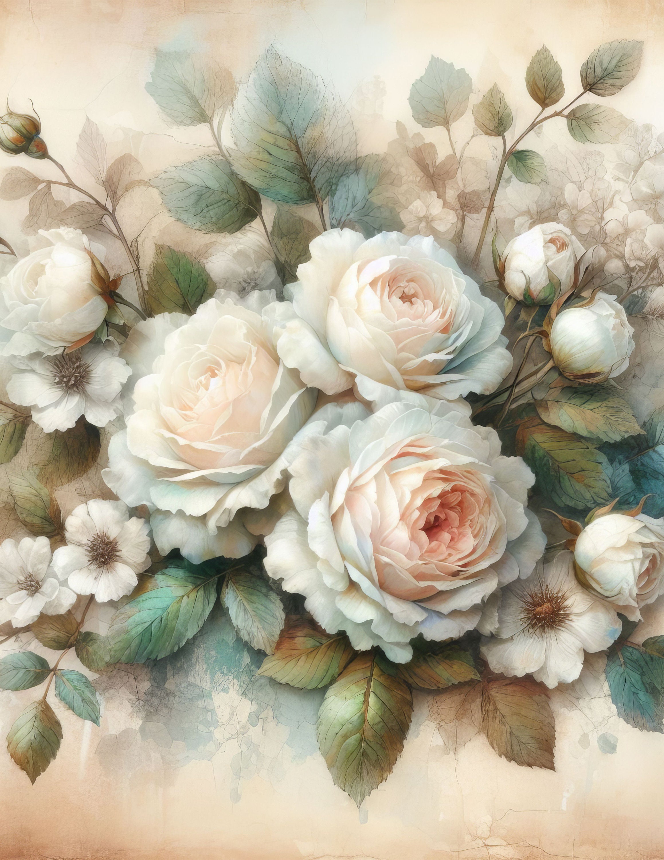 Vintage White Roses Clipart Bundle 10 High Res Watercolor Jpgs for Junk ...