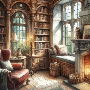 Library With Window Seat Clip Art Bundle 10 High Res Watercolor Jpgs ...