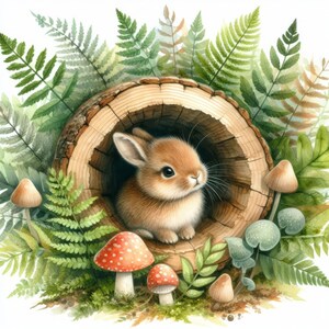 Bunny in a Log Clip Art 10 High Res Watercolor Jpgs for Junk Journaling ...