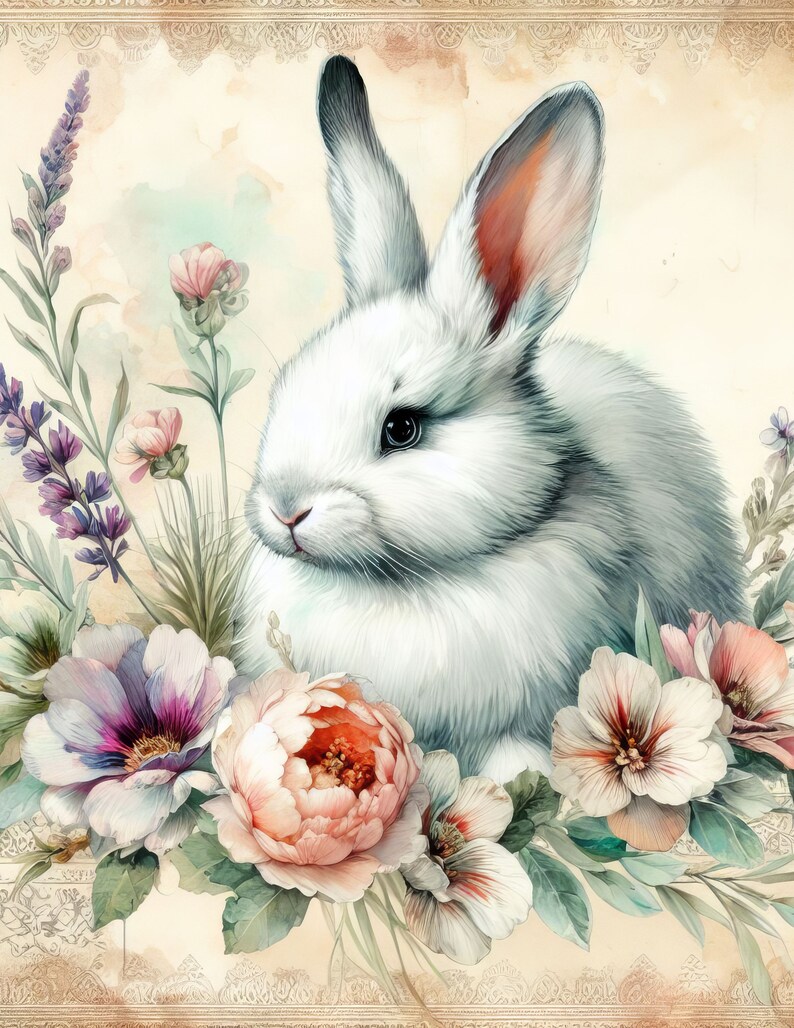 Vintage White Rabbit Bundle 10 High Res Watercolor Jpgs for Junk ...