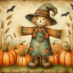 Whimsical Scarecrow in Pumpkin Patch: Clip Art, 10 High Res Watercolor ...